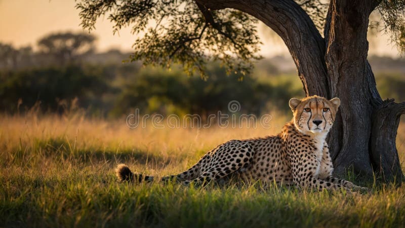 A Cheetah Resting Under a Tree in a Grassy Landscape during Golden Hour ...