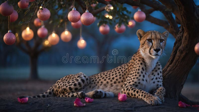Serene Cheetah Resting Under a Christmas Tree at Dusk Stock ...