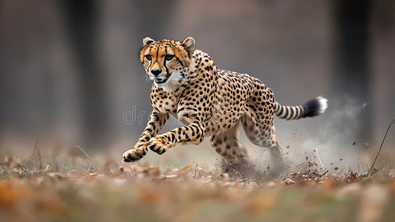 Cheetah Running through Autumn Leaves, Dust Kicking Up Stock ...