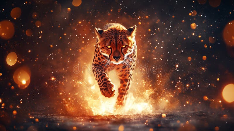 Cheetah Running through Fire and Sparks in the Night Stock Illustration ...