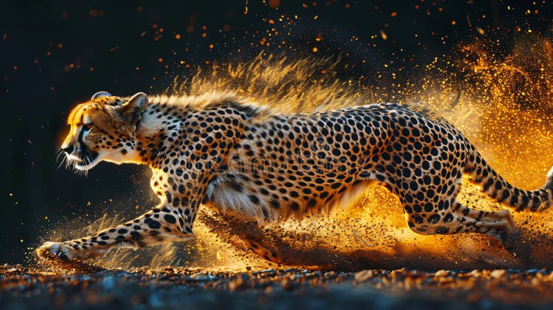 Cheetah Running through Golden Dust Stock Illustration - Illustration ...