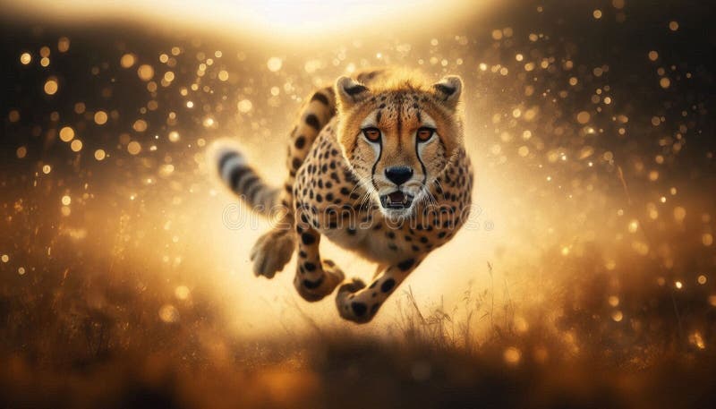 Cheetah Sprinting at Sunset: Dynamic Pose with Dust Trail in a Golden ...