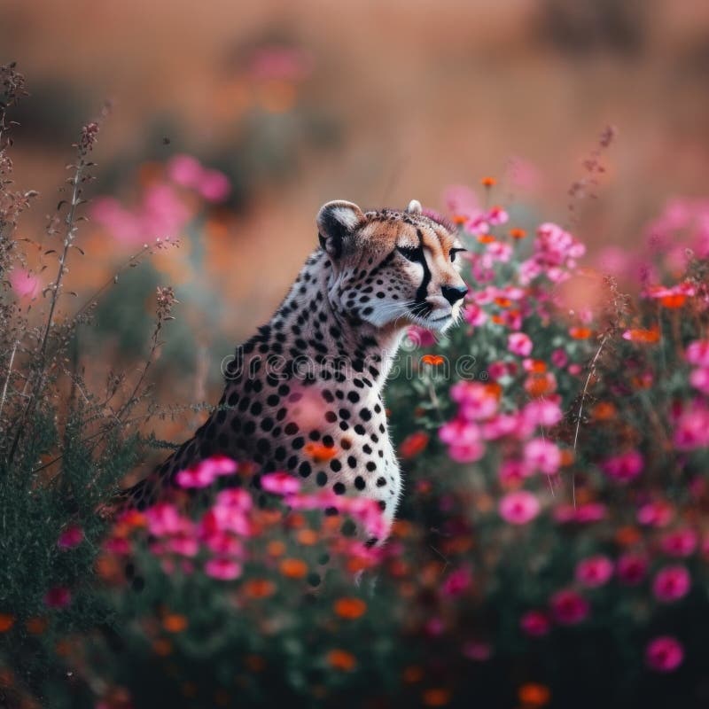A Cheetah Sitting in a Field of Flowers. Generative AI Image. Stock ...