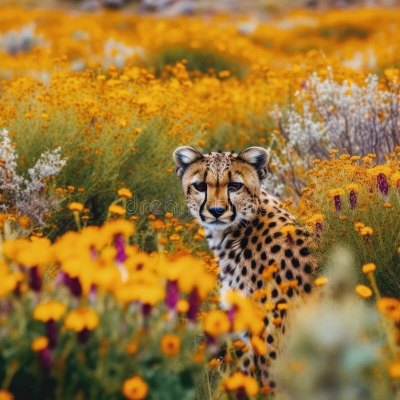 A Cheetah Sitting in a Field of Flowers. Generative AI Image. Stock ...