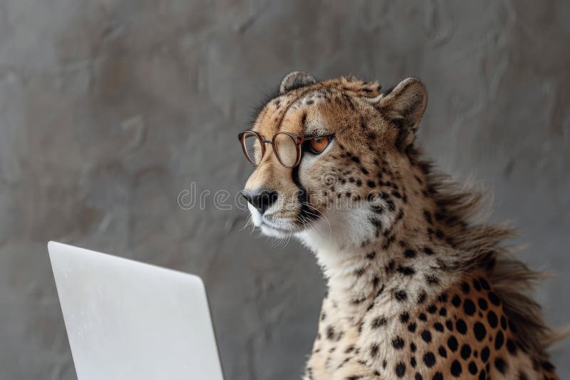 A Cheetah Sitting in Front of a Laptop, Sporting Glasses, with a Plain ...