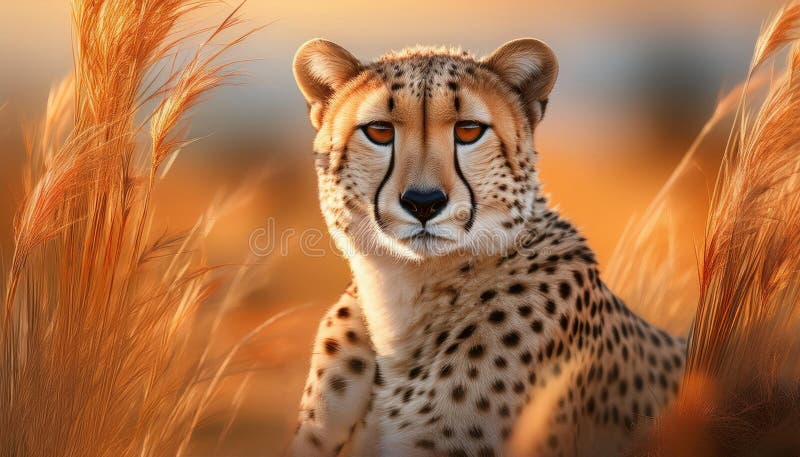 Cheetah Sitting among Tall Golden Grass, Looking Directly at the Camera ...
