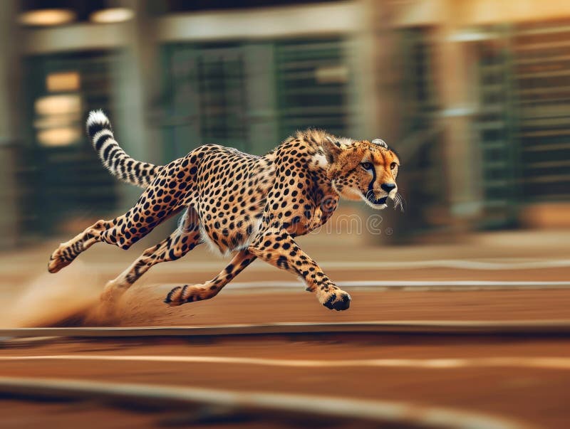 A Cheetah Sprinting on an Athletic Track Showing Speed in a Stadium ...