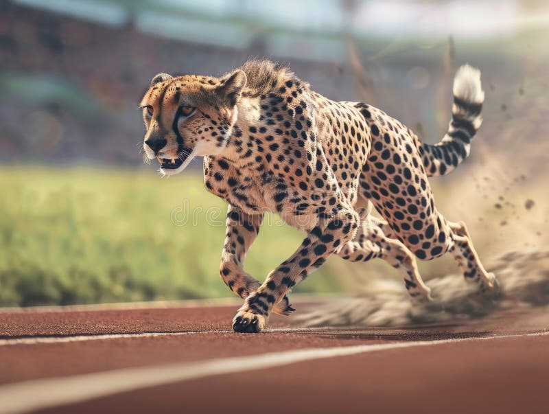 A Cheetah Sprinting on an Athletic Track Showing Speed in a Stadium ...