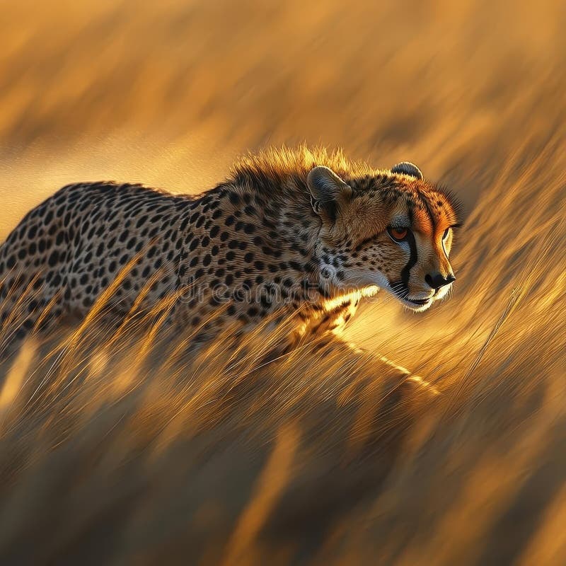 Cheetah Stalking through Golden Grass Stock Illustration - Illustration ...