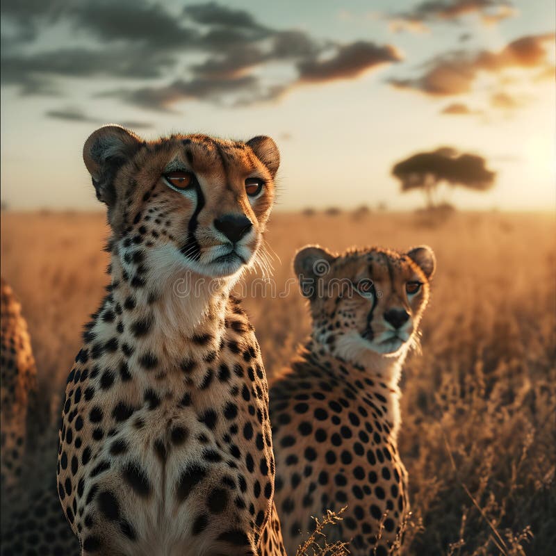 Cheetah Standing in the Savanna with Setting Sun Shining. Stock ...