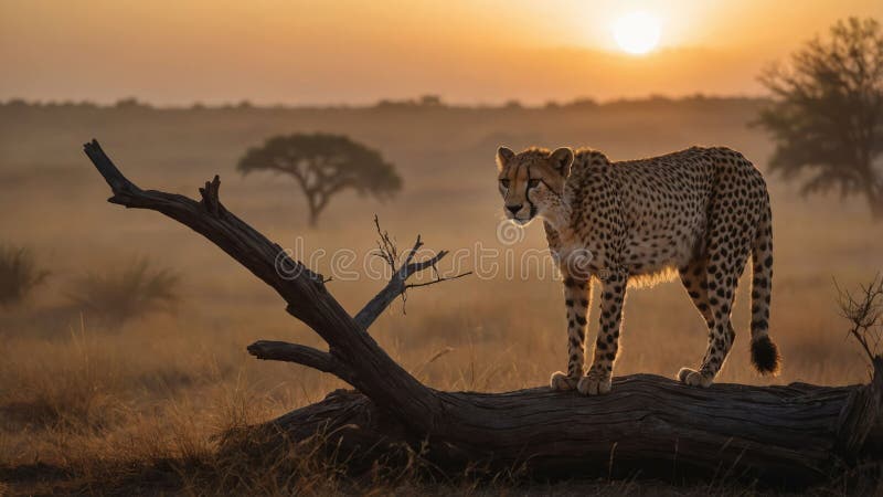 Majestic Cheetah at Golden Sunrise on a Fallen Log in African Savanna ...
