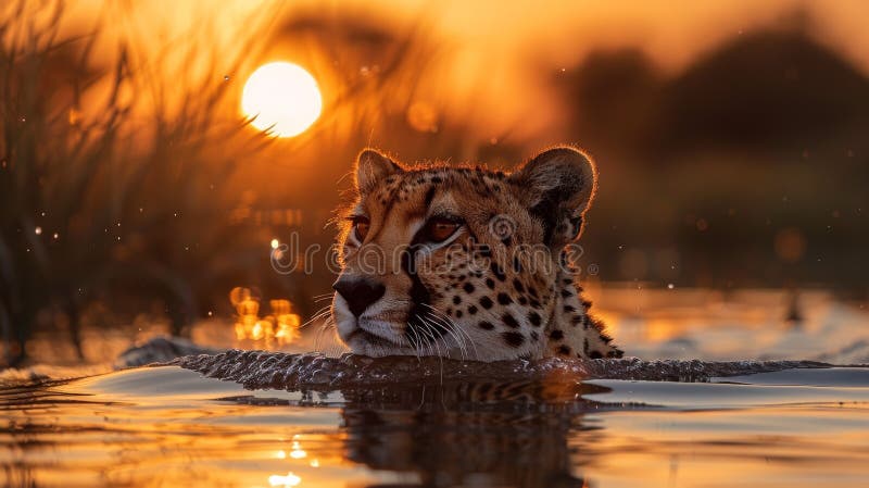 A Cheetah Swimming in the Water at Sunset with a Sun Setting Behind it ...