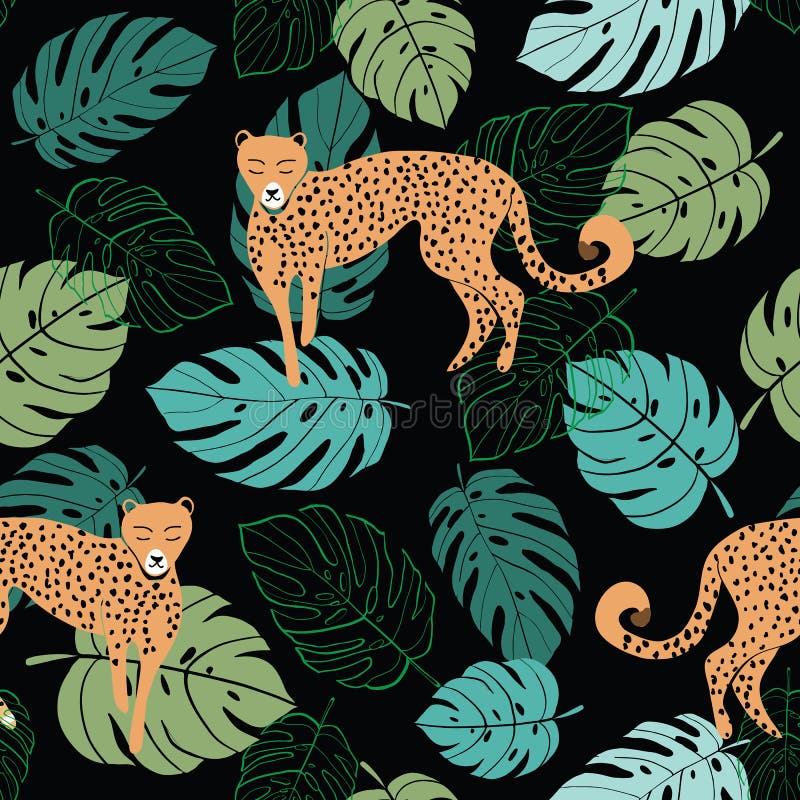 Cheetah Tropical Seamless Pattern on a Black Background Stock ...