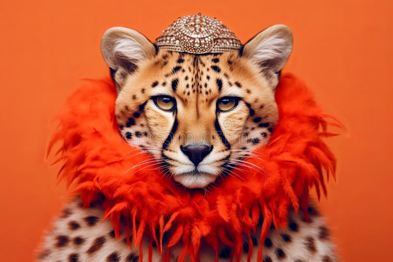 A Cheetah Wearing a Red and Orange Outfit with a Bow on Its Head. Stock ...