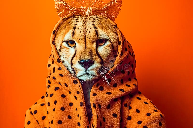 A Cheetah Wearing a Red and Orange Outfit with a Bow on Its Head Stock ...