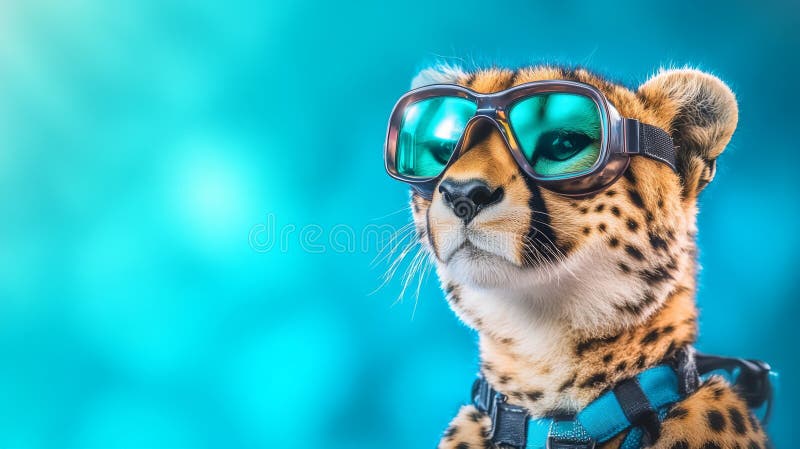 A Cheetah Wears Goggles with Bright Lenses, Looking Forward with an ...