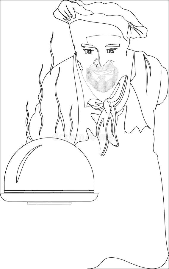 A Chef Wearing Kitchen Apron and Hat Serving Plate of Food Outline ...