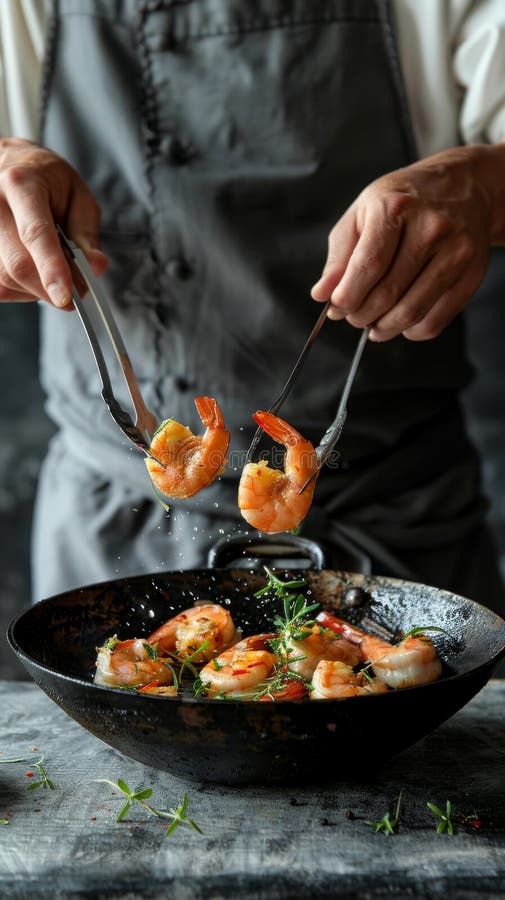 A Chef is Actively Cooking Shrimp in a Frying Pan in a Professional ...