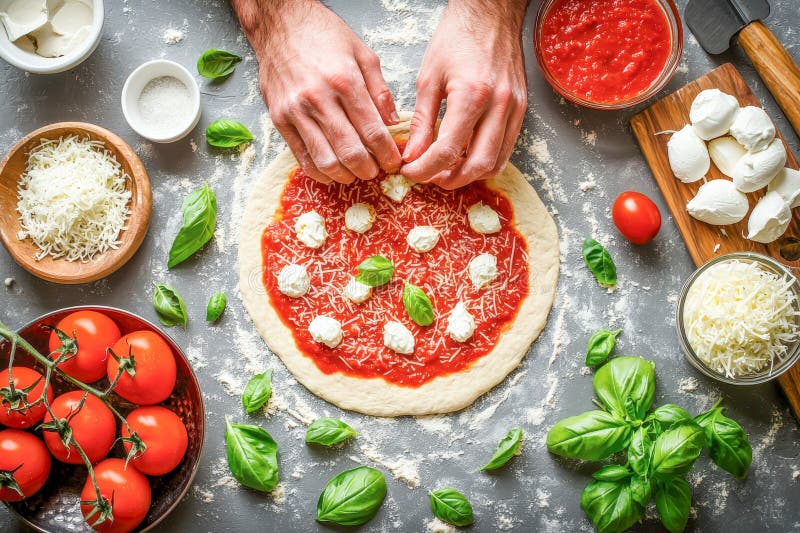 Chef Adding Cheese and Basil To Pizza with Tomato Sauce. Stock Image ...