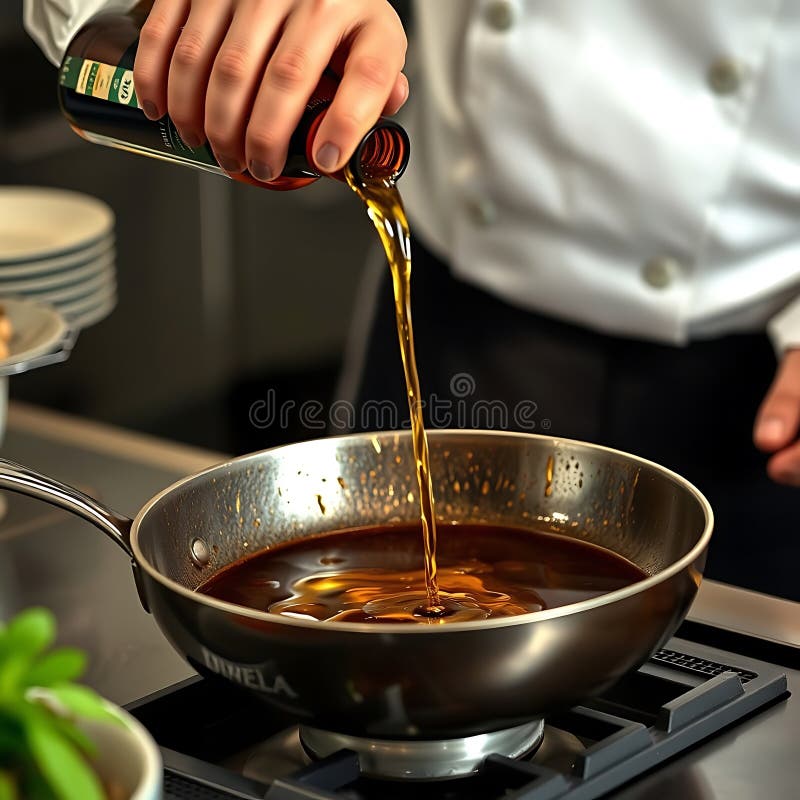 A Chef Adding a Dash of Wine To a Pan Deglazing with Rich Golden Liquid ...