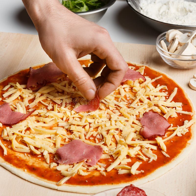 Chef Adding Ingredients on the Pizza, Closeup Stock Image - Image of ...