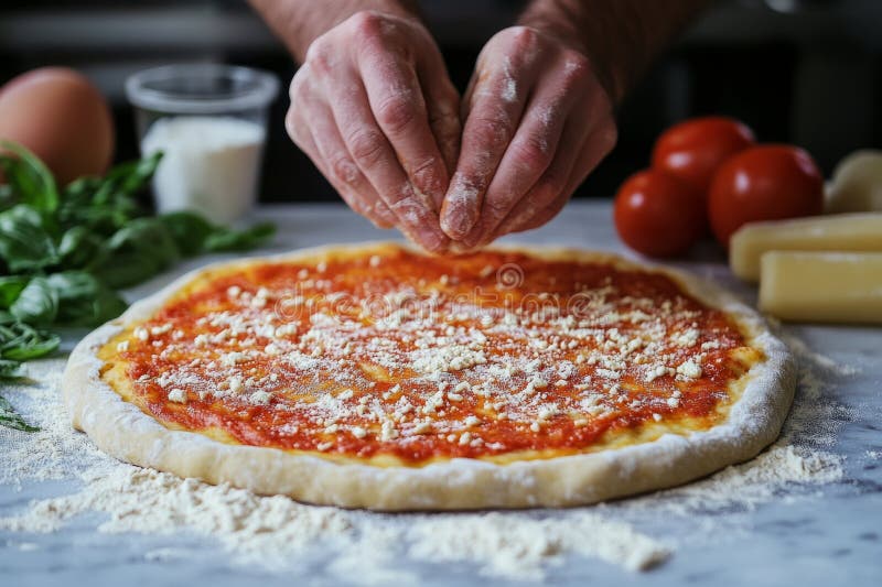 Chef Adding Parmesan Cheese To Pizza Dough with Tomato Sauce, Basil ...