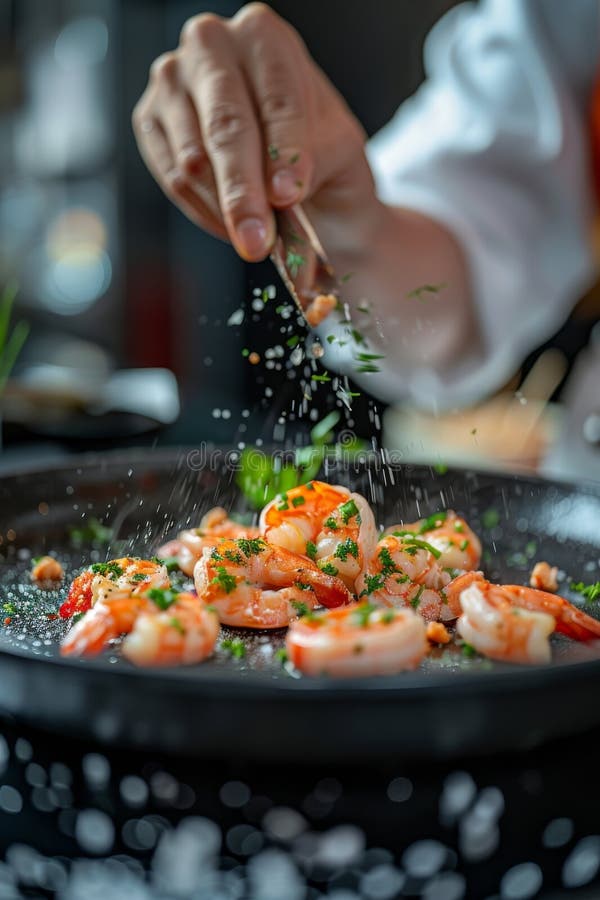 A Chef is Adding Salt To Shrimp Cooking in a Pan in a Kitchen Stock ...