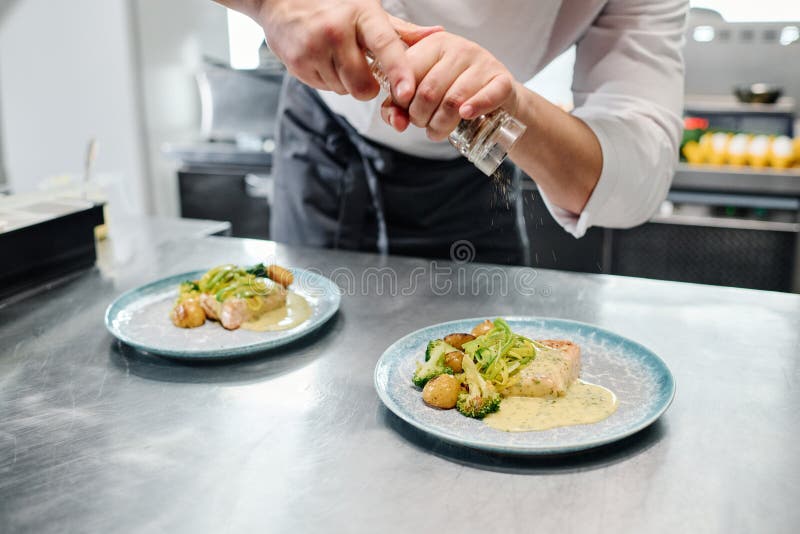 Chef Adding Spices on Dish before Serving Stock Photo - Image of work ...