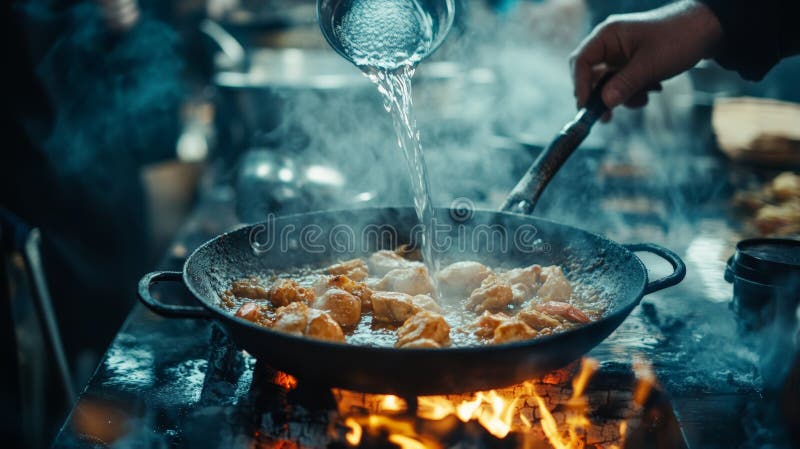 Chef Adding Water To Sizzling Chicken in Pan Over Open Flame Stock ...