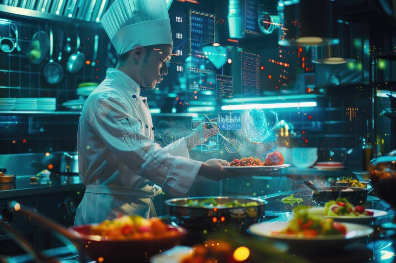 Chef with AI in Bustling Kitchen AIG60 Stock Image - Image of culinary ...