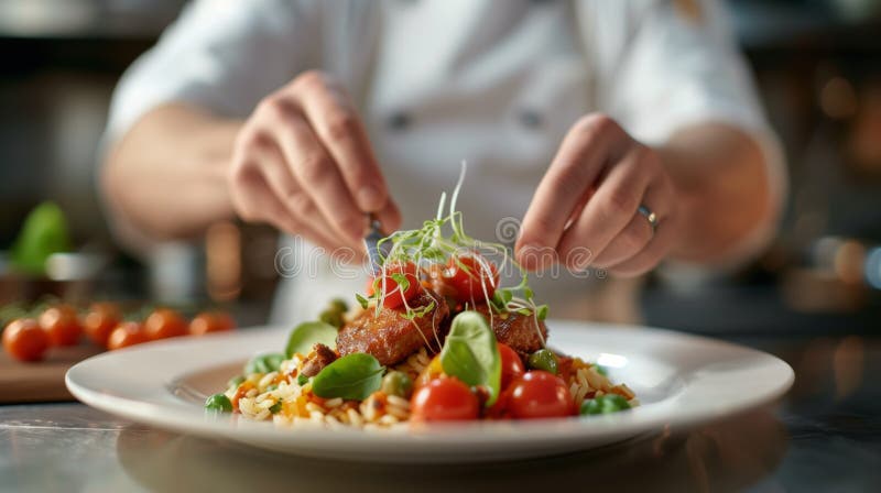 A Chef Arranges Garnish on a Plate of Food in a Commercial Kitchen ...