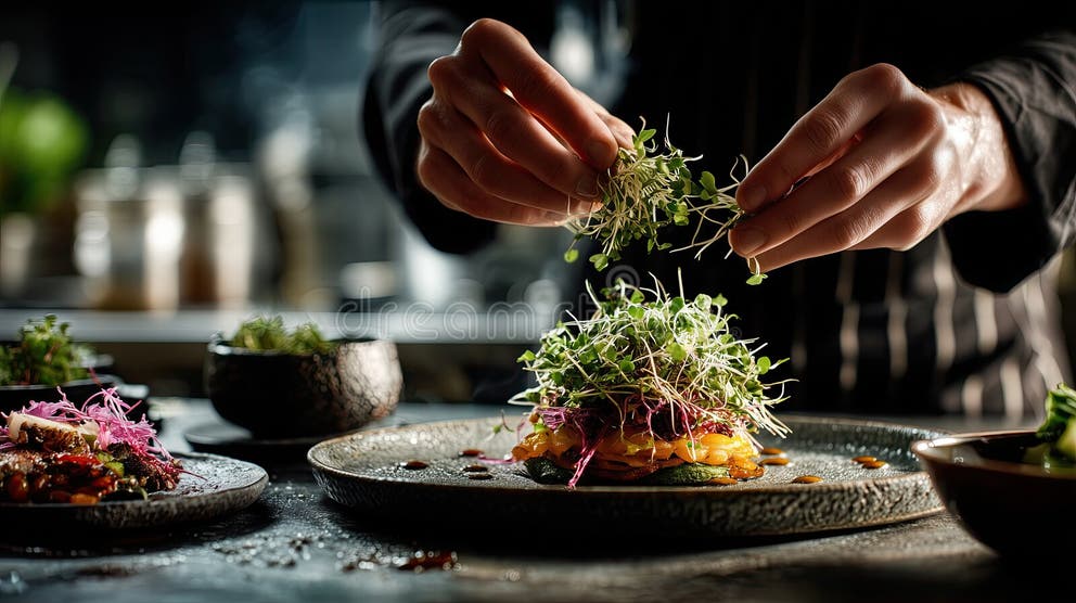 Chef Artfully Places Microgreens on Dish Stock Image - Image of kitchen ...