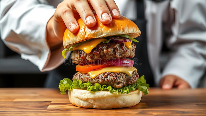 A Chef Assembling a Gourmet Burger Stacking a Perfectly Cooked Patty ...