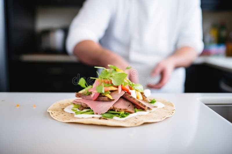 Chef Assembling a Gyro Pita with Fresh Toppings Stock Image - Image of ...