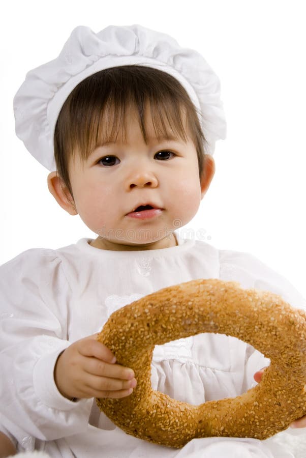 Little Baby Chef with Bread Over White Stock Image - Image of small ...