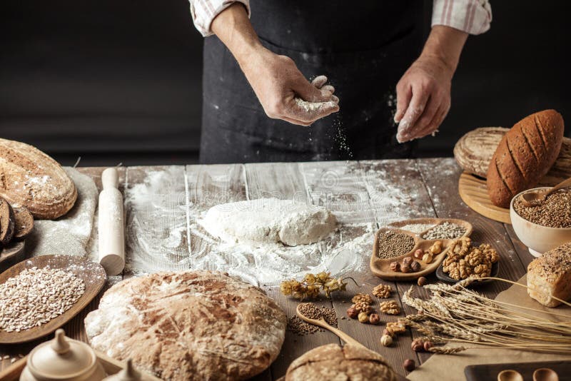 Close Up of Baker Hands Kneading Dough and Making Bread with a Rolling ...