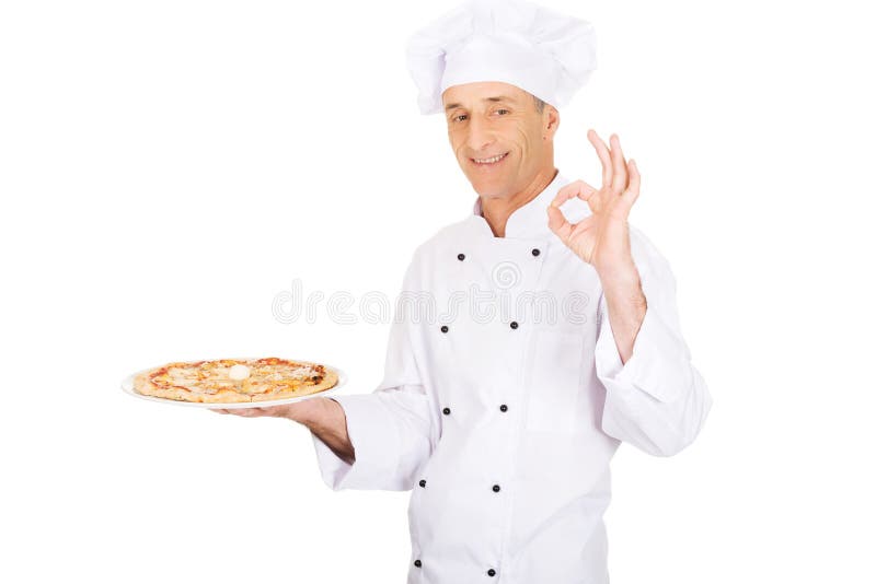 Chef Baker with Italian Pizza Showing Perfect Sign Stock Photo - Image ...
