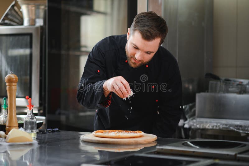 Chef Baker in Uniform Making Pizza at Kitchen Stock Image - Image of ...