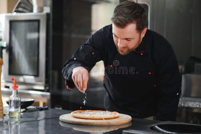 Chef Baker in Uniform Making Pizza at Kitchen Stock Photo - Image of ...