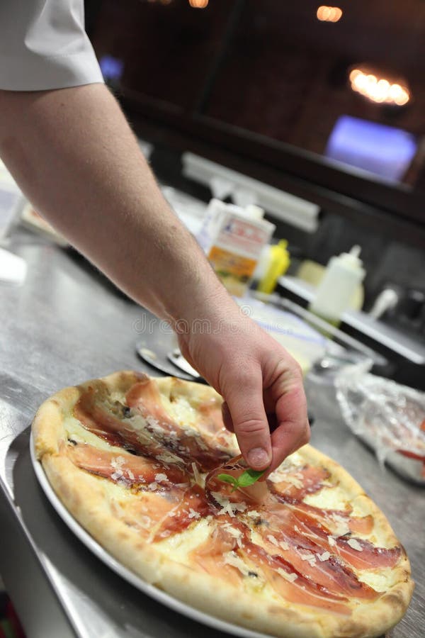 Chef Baker in White Uniform Making Pizza at Kitchen Stock Image - Image ...