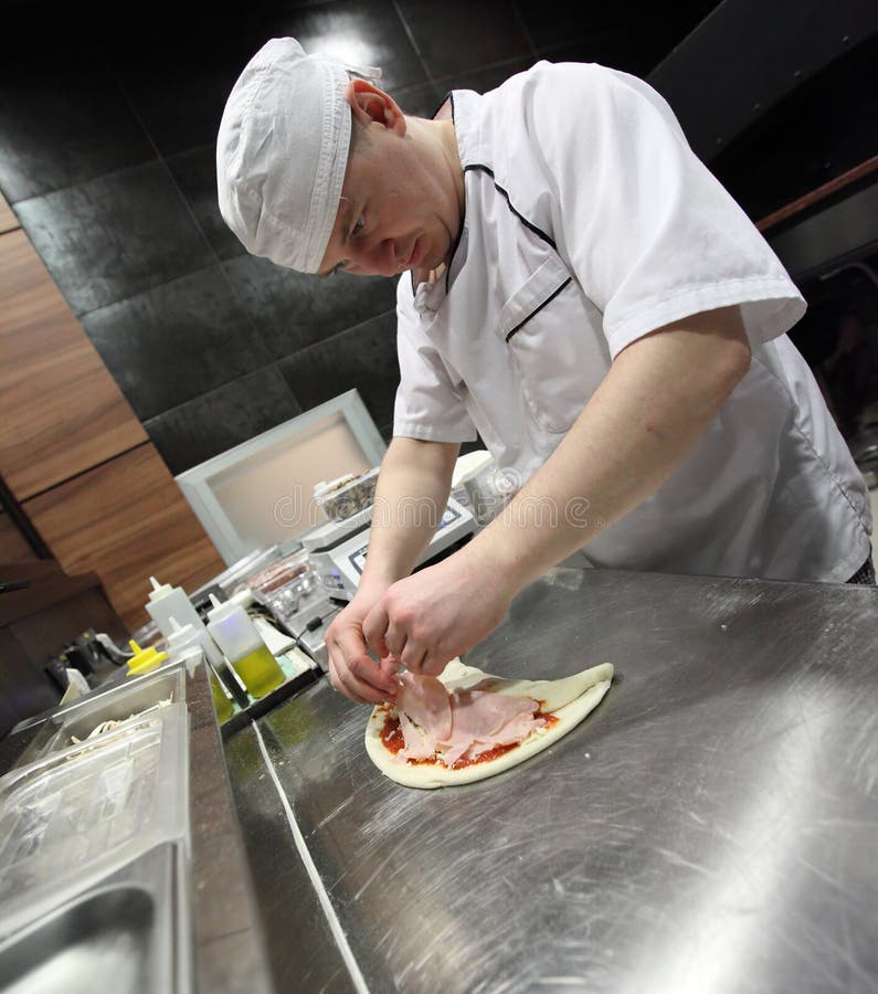 Chef Baker in White Uniform Making Pizza at Kitchen Stock Photo - Image ...