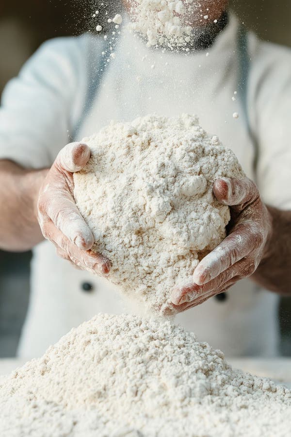 Chef in Bakery Environment Handles Heap of Flour. Flour Poured ...