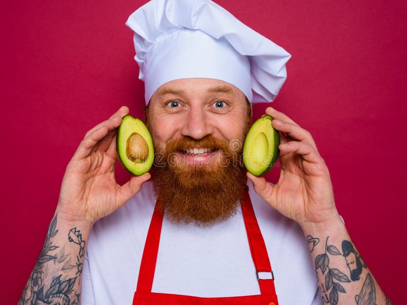 Happy Chef with Beard and Red Apron Chef Holds Wooden Rolling Pin Stock ...