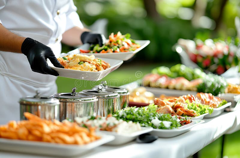 A Chef in Black Gloves Prepares a Buffet Table with Various Dishes ...