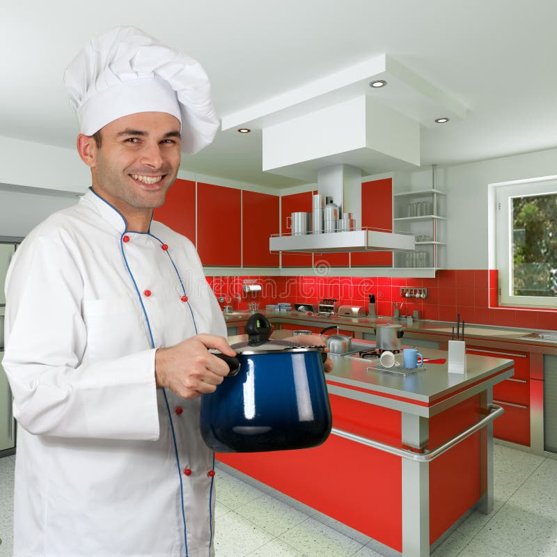 Chef in blue kitchen stock photo. Image of cheerful, restaurant - 19152630
