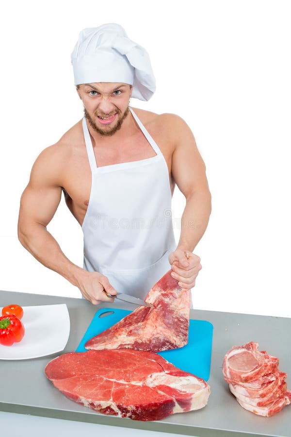 Chef Bodybuilder Preparing Large Chunks of Raw Stock Photo - Image of ...