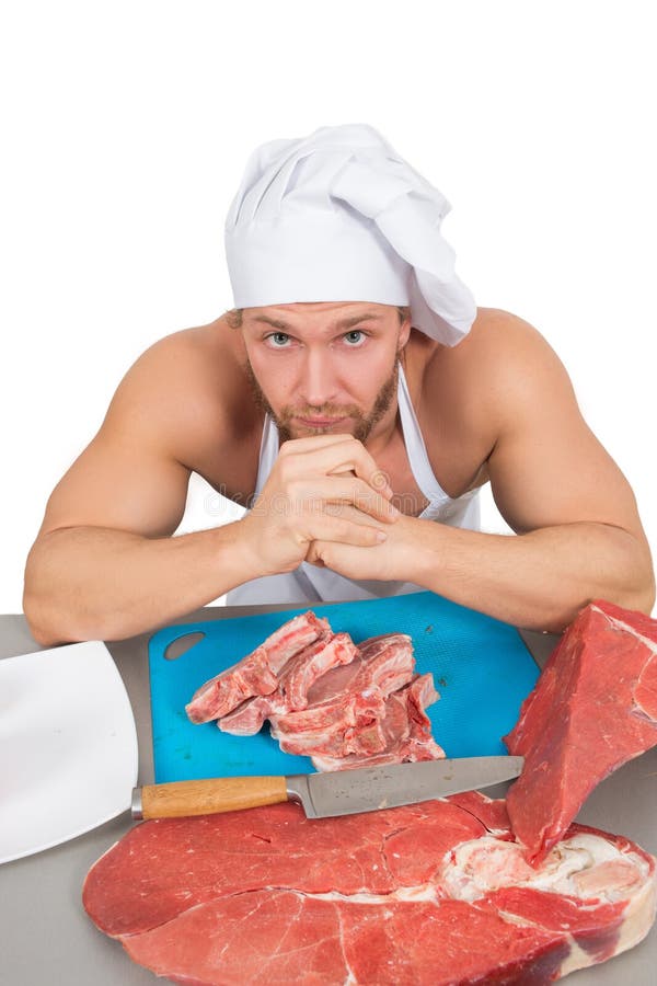 Chef Bodybuilder Preparing Large Chunks of Raw Stock Photo - Image of ...