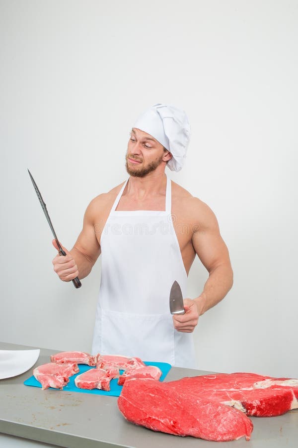 Chef Bodybuilder Preparing Large Chunks of Raw Stock Photo - Image of ...