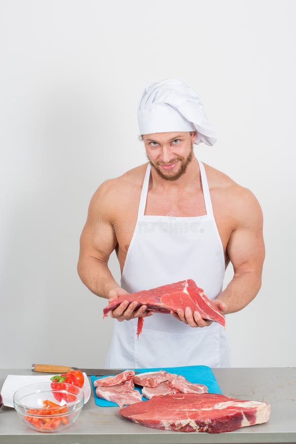 Chef Bodybuilder Preparing Large Chunks of Raw Stock Image - Image of ...