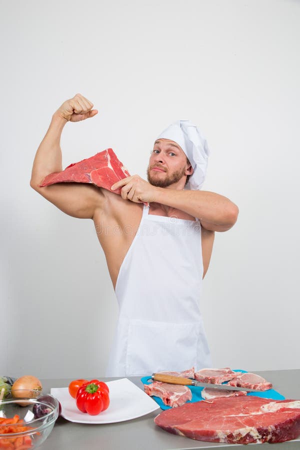 Chef Bodybuilder Preparing Large Chunks of Raw Stock Photo - Image of ...